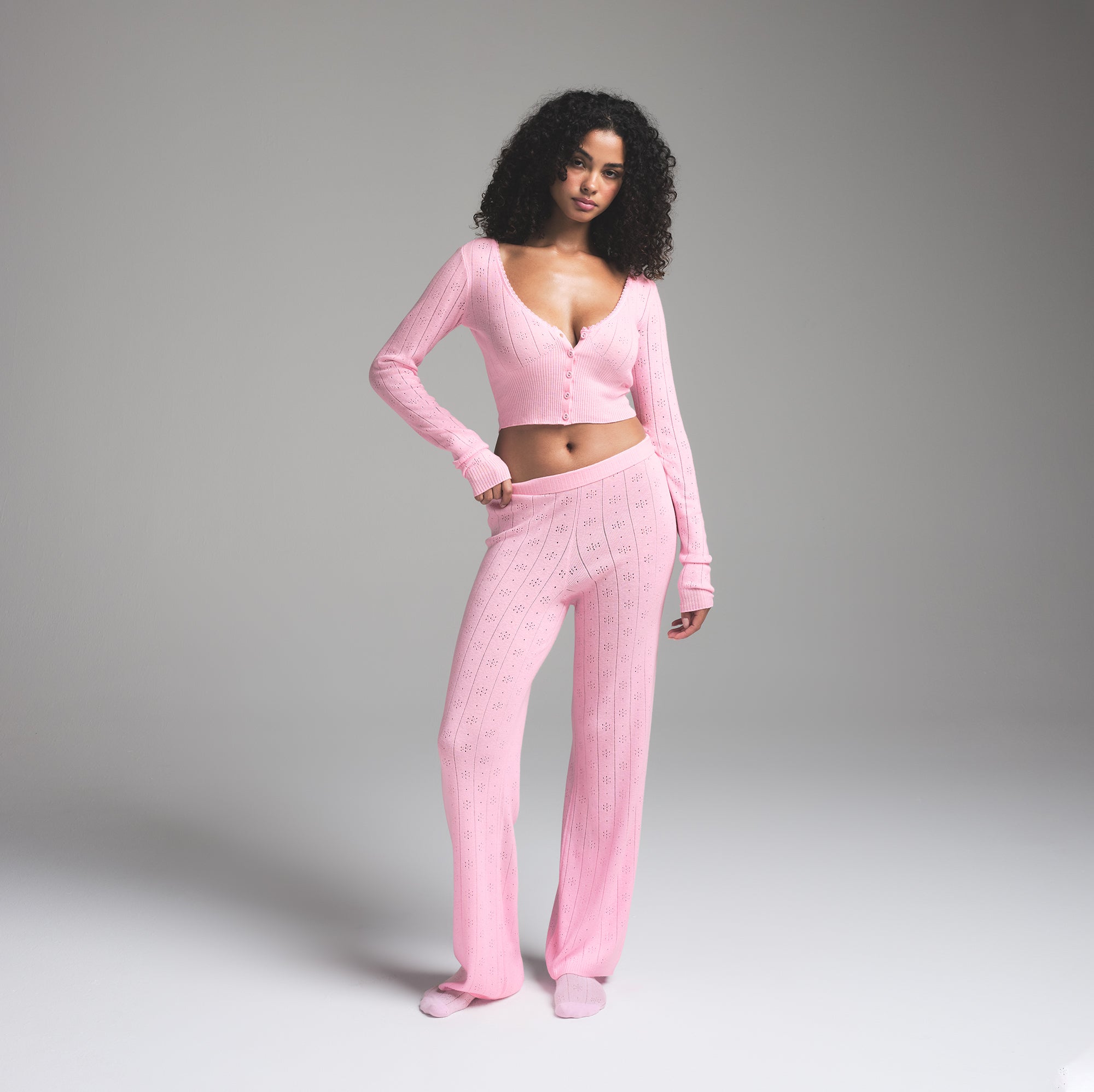 Skims Sweater Pointelle Cropped Cardigan - Baby Pink | Editorialist